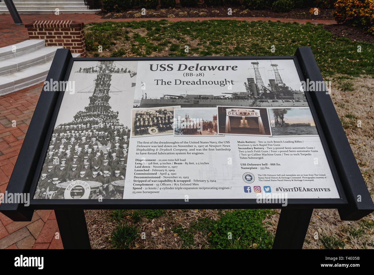 Dover, DE - April 5, 2019: This display gives information about the USS ...