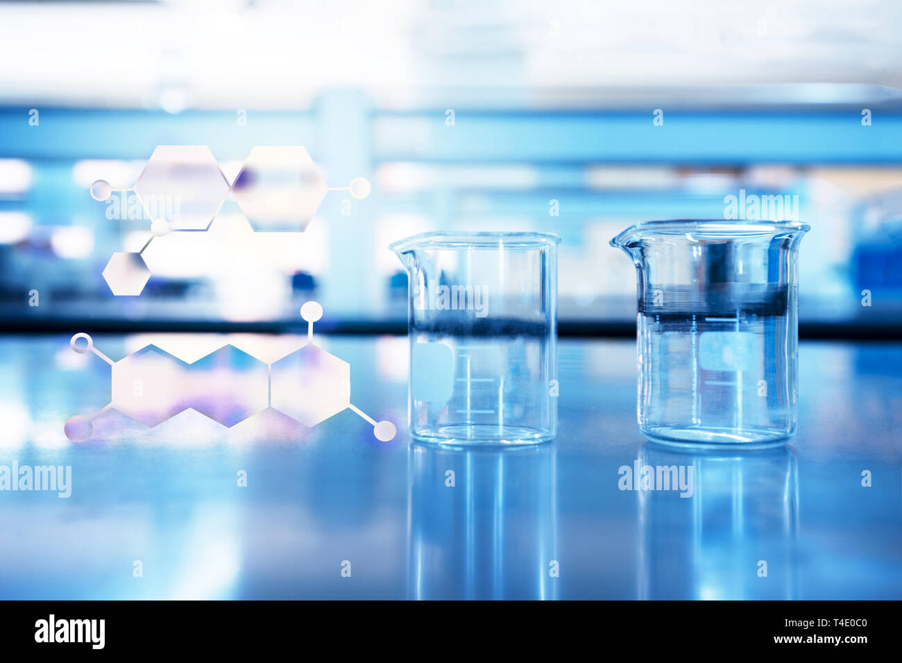 two glass beaker with chemical structure with blue chemical science ...