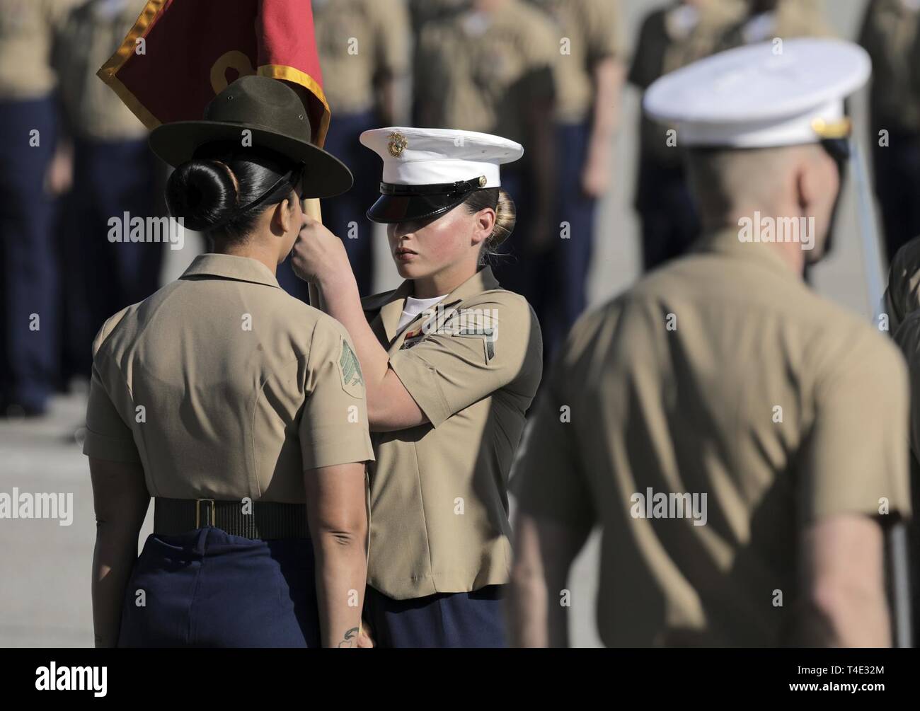 Pfc. Harley Annmesiemore retires her platoon guidon during the ...