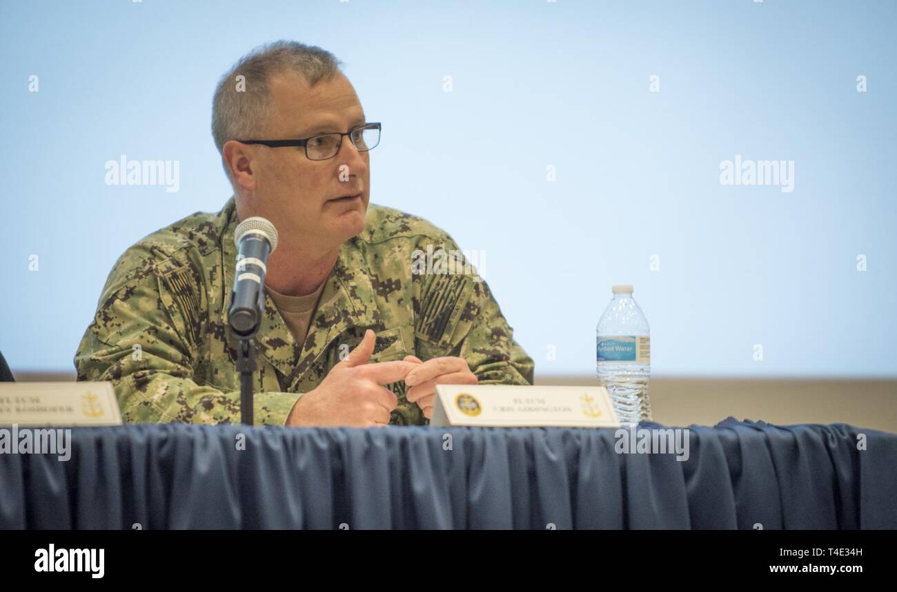 SUFFOLK, Va. (March 28, 2019) Fleet Master Chief Chris Addington speaks ...