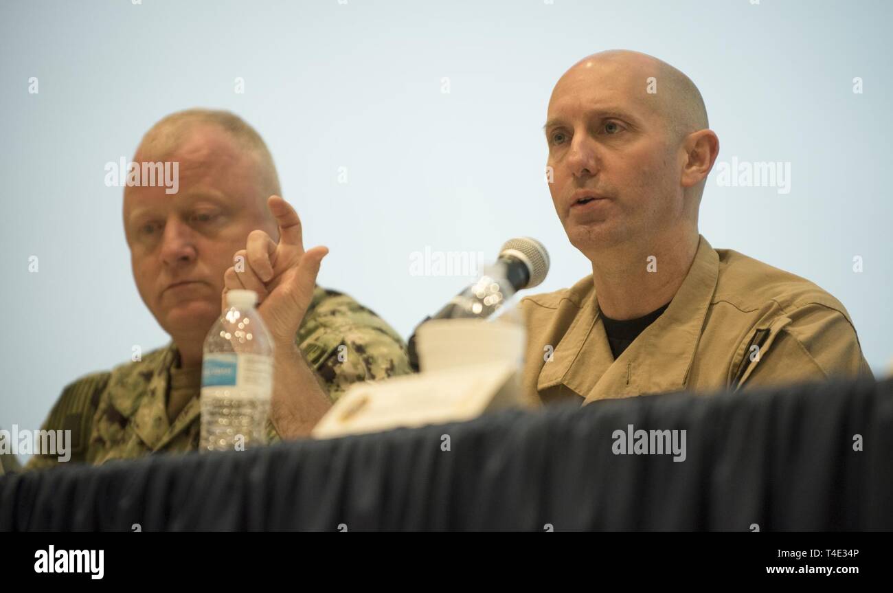 SUFFOLK, Va. (March 28, 2019) Fleet Master Chief Rick O’Rawe speaks to ...