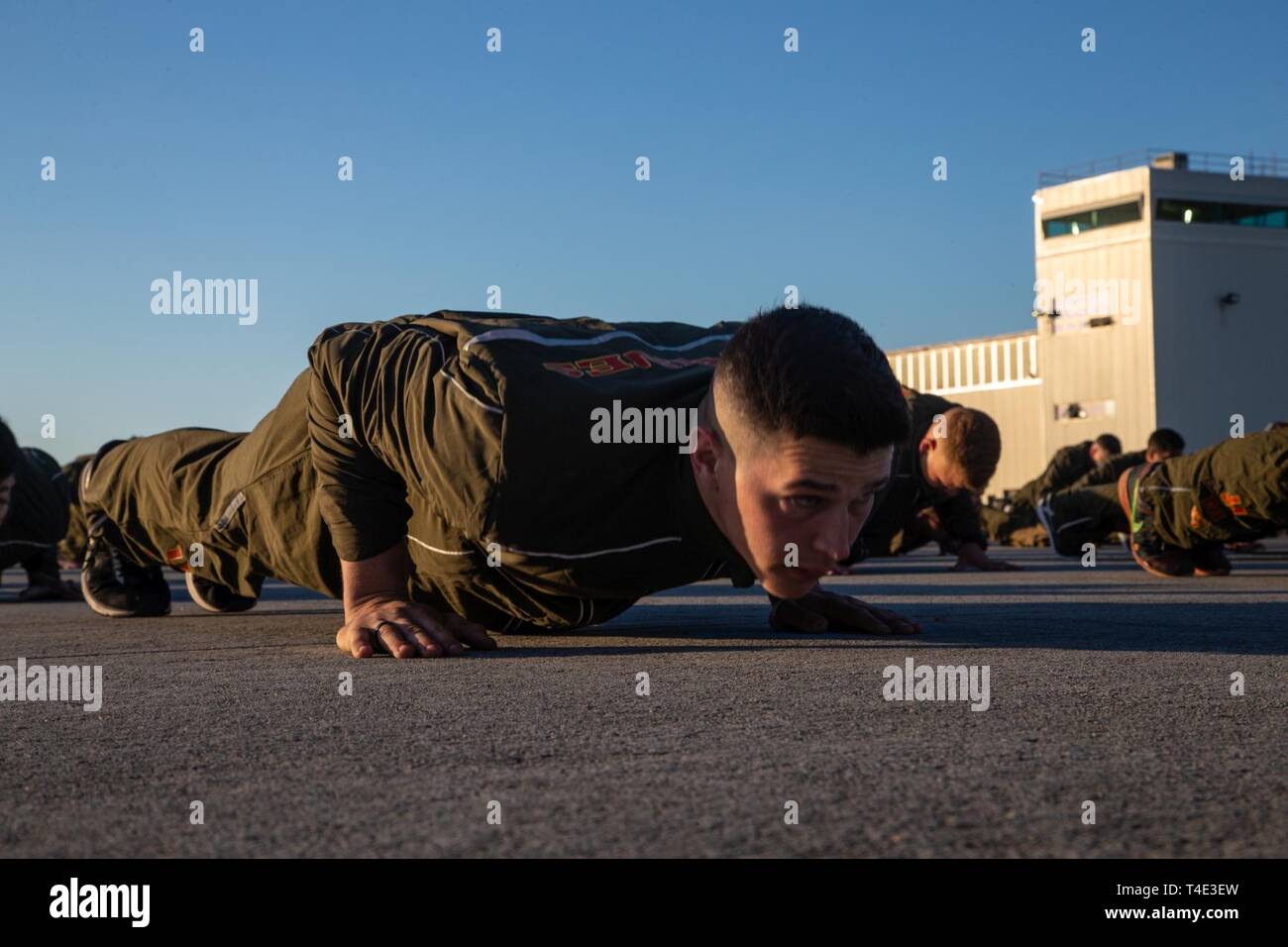 U.S. Marines conduct burpees during unit physical training on the ...