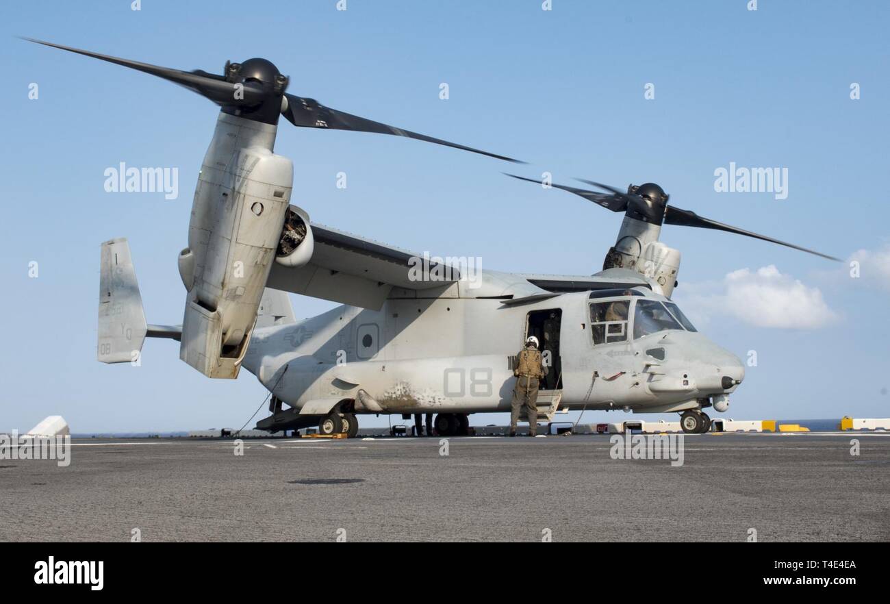 PHILIPPINE SEA (March 28, 2019) - An MV-22 Osprey, assigned to Marine ...