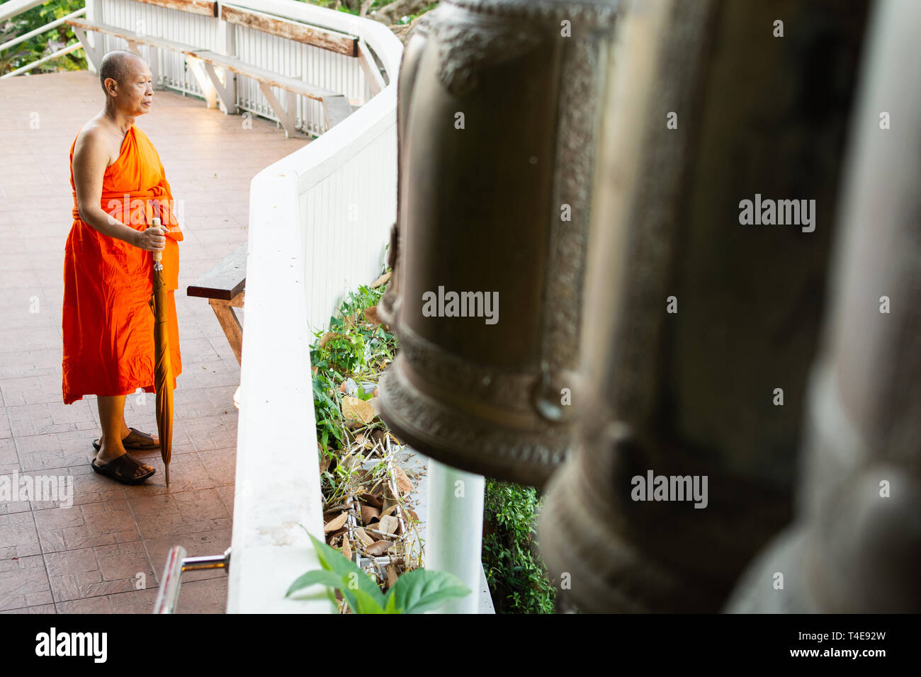 BANGKOK, THAILAND - MARCH 2019: buddhist monk standing next to the ...