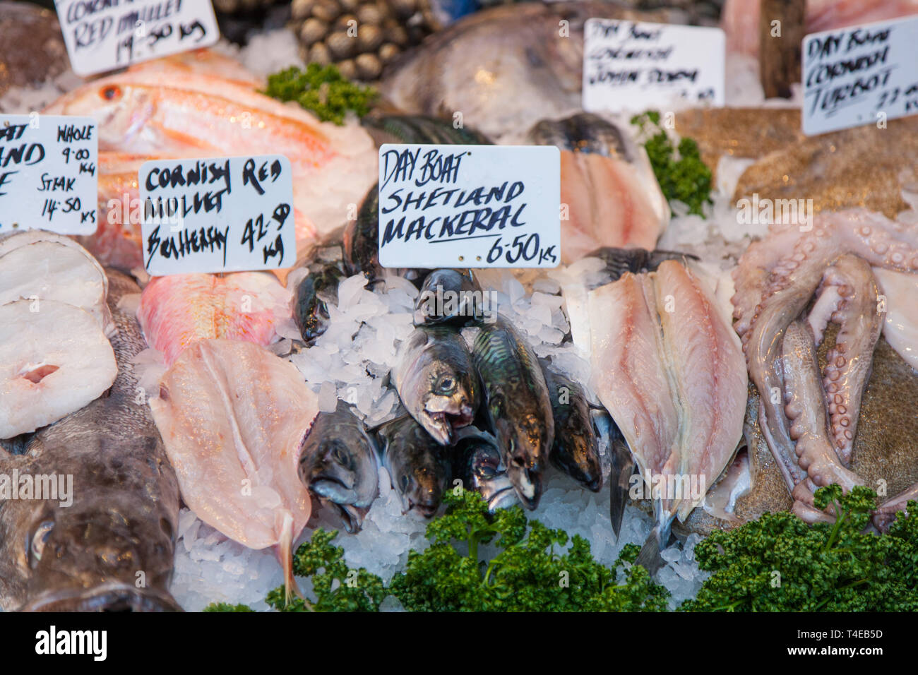 Fishmonger display at Borough Market, London, England, United Kingdom ...