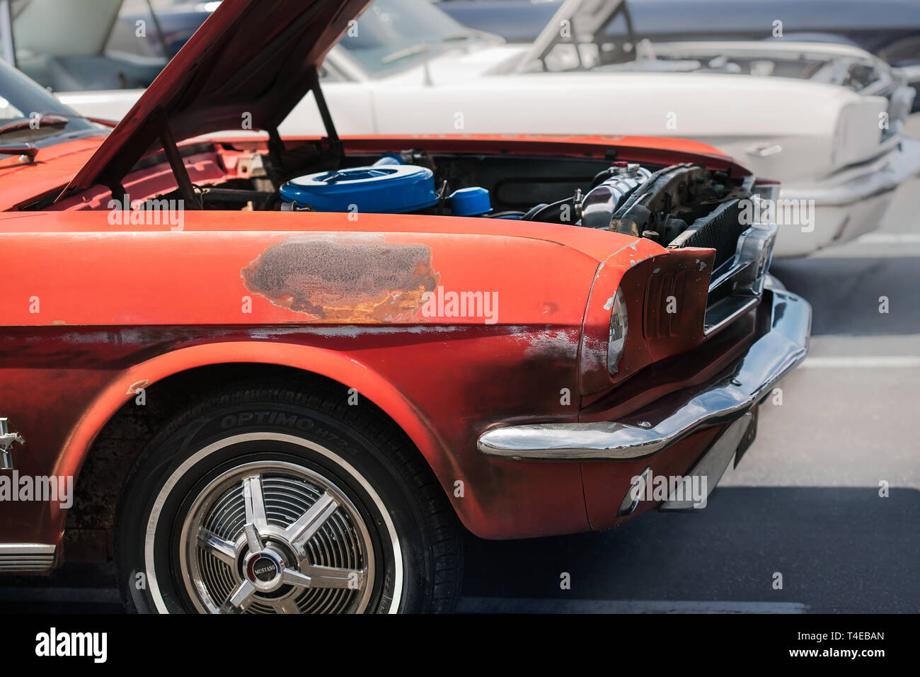 An old and rusted classic mustang at an auto show undergoing a ...