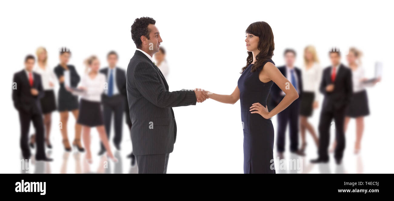 business teamwork concept with a handshake and big team Stock Photo - Alamy