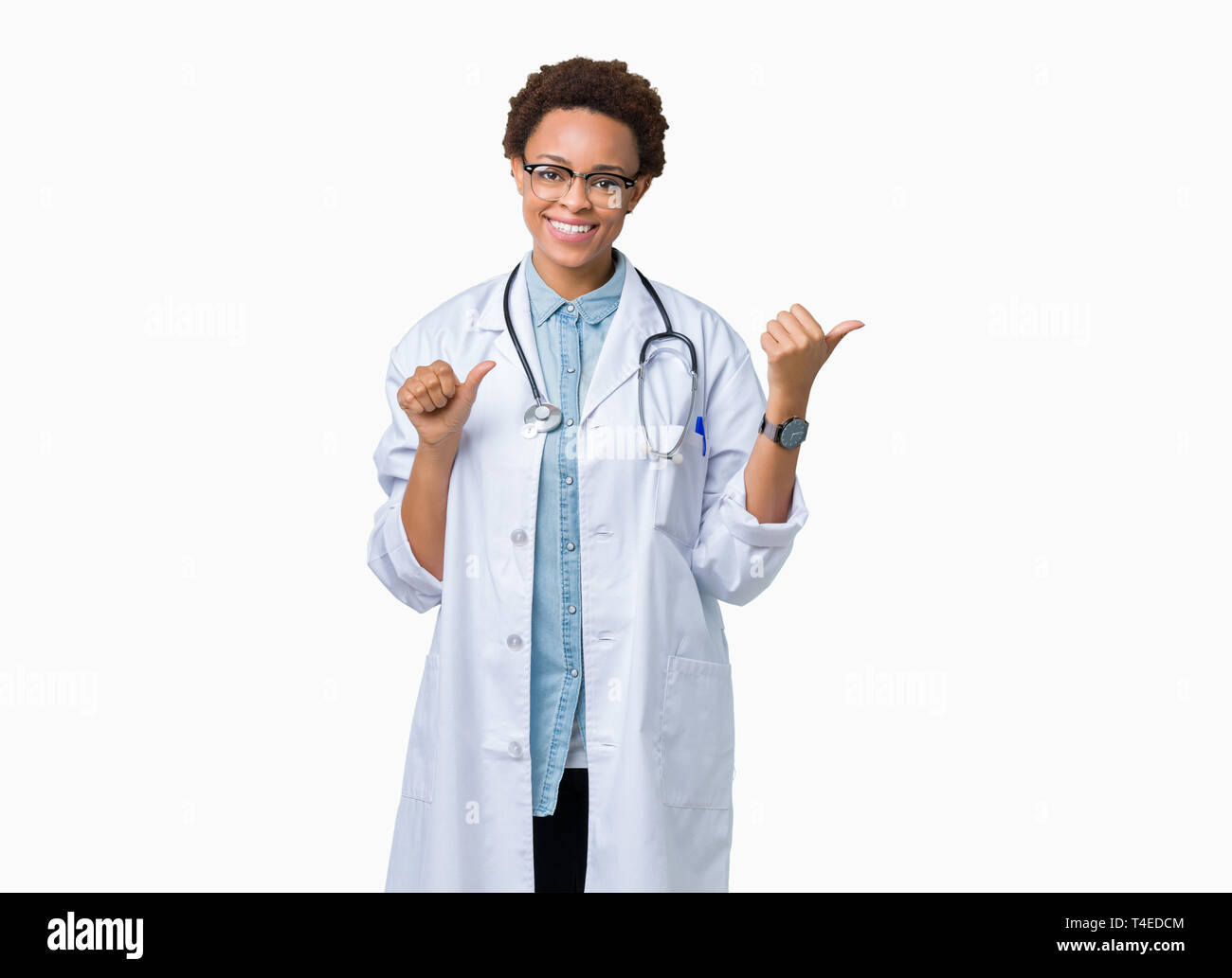 Portrait young woman pointing backwards hi-res stock photography and ...