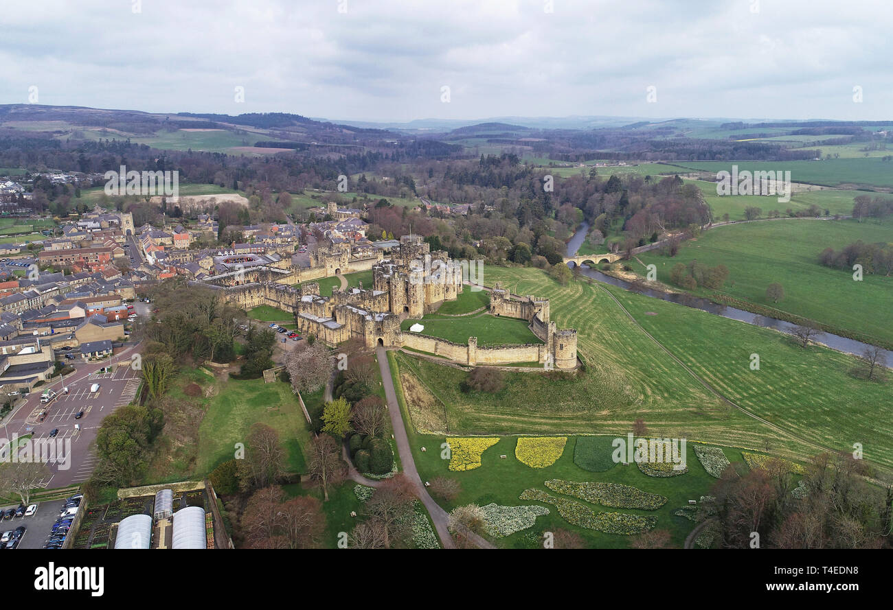 A bird's eye view of Alnwick Castle in Northumberland. The castle is ...