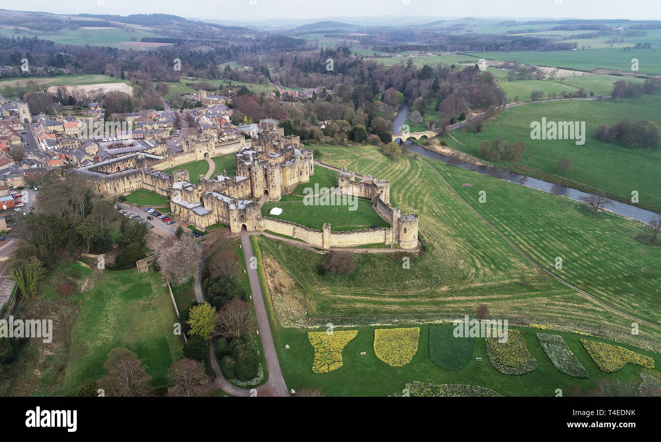 A bird's eye view of Alnwick Castle in Northumberland. The castle is ...