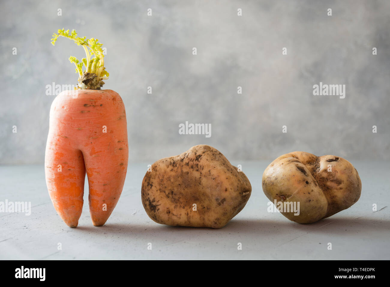 Ugly organic abnormal vegetables carrot and potatoes. Space for text ...