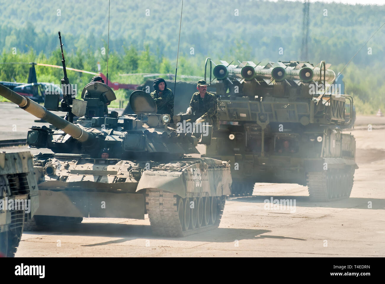 Nizhniy Tagil, Russia - July 12. 2008: Convoy of T80U tank and Buk-M1-2 ...