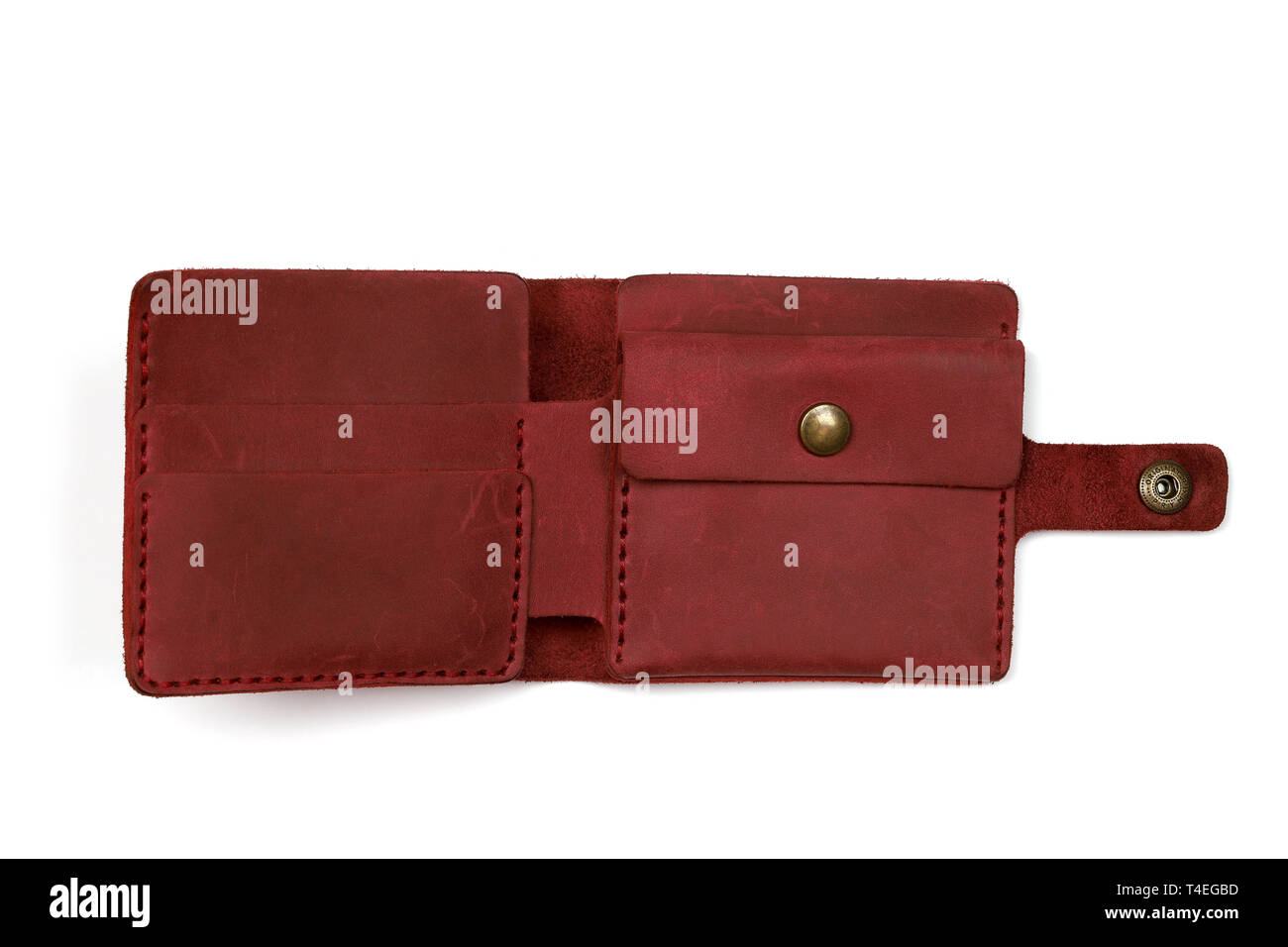 open empty red leather wallet on white background Stock Photo - Alamy