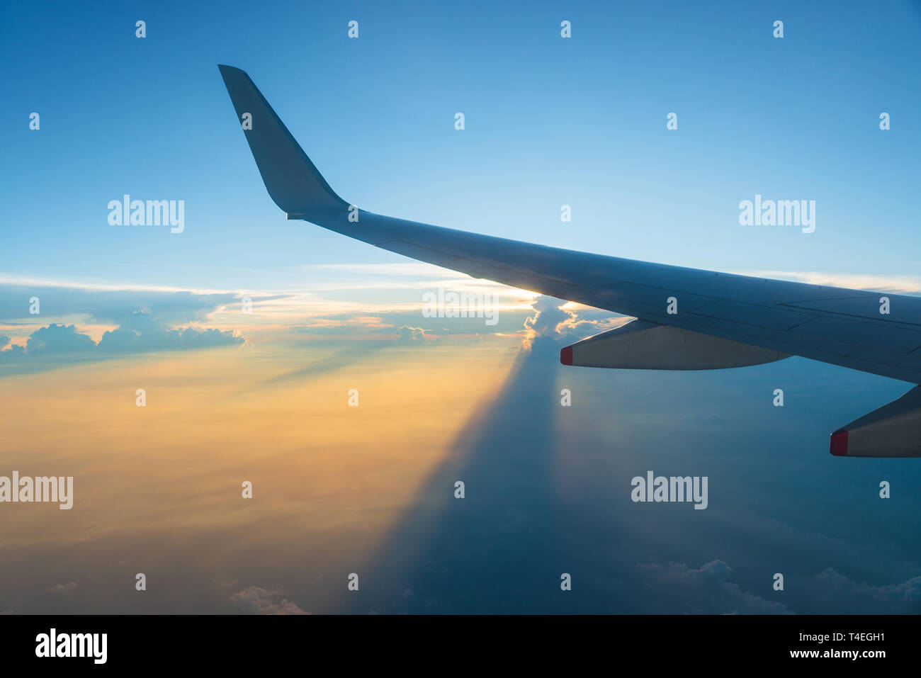 View of airplane wing and sunset sky. Plane in flight, clouds project ...
