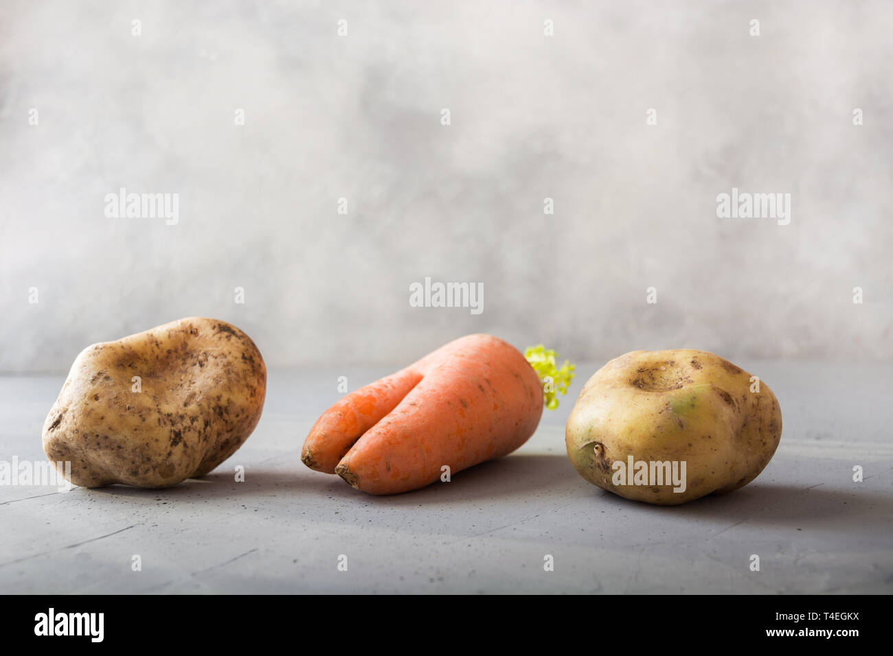 Ugly organic abnormal vegetables carrot and potatoes. Space for text ...