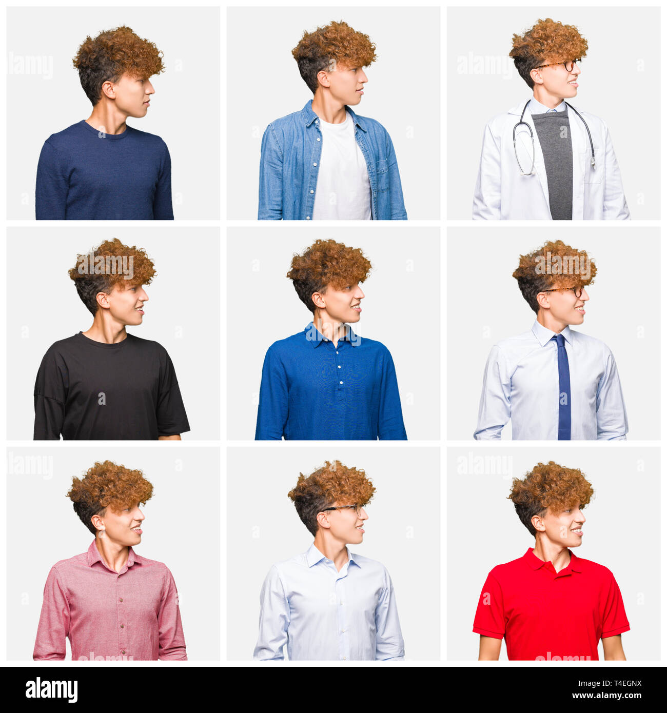 Collage of young man wearing different looks over isolated white ...