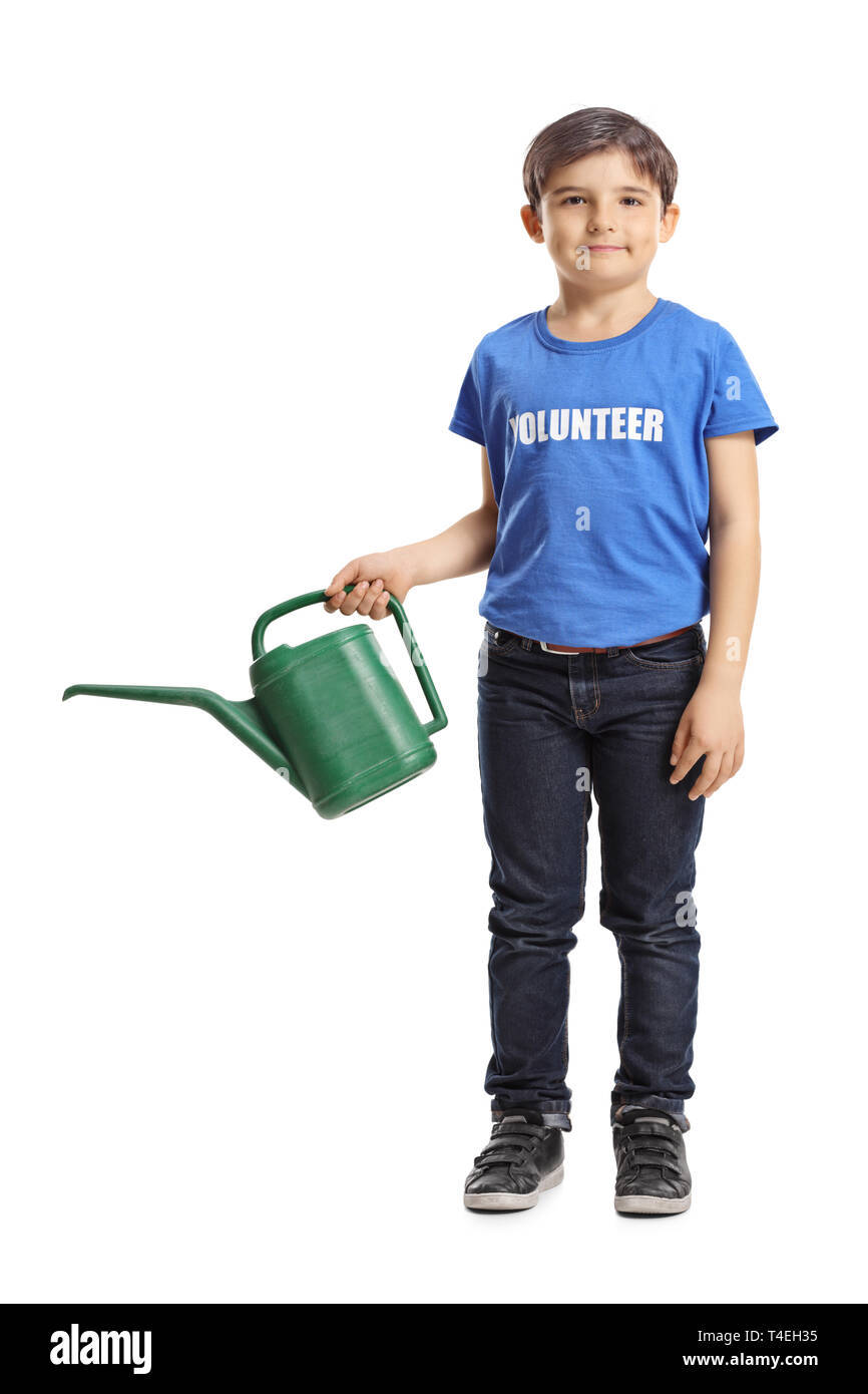 Full length portrait of a boy volunteer with a watering can isolated on ...