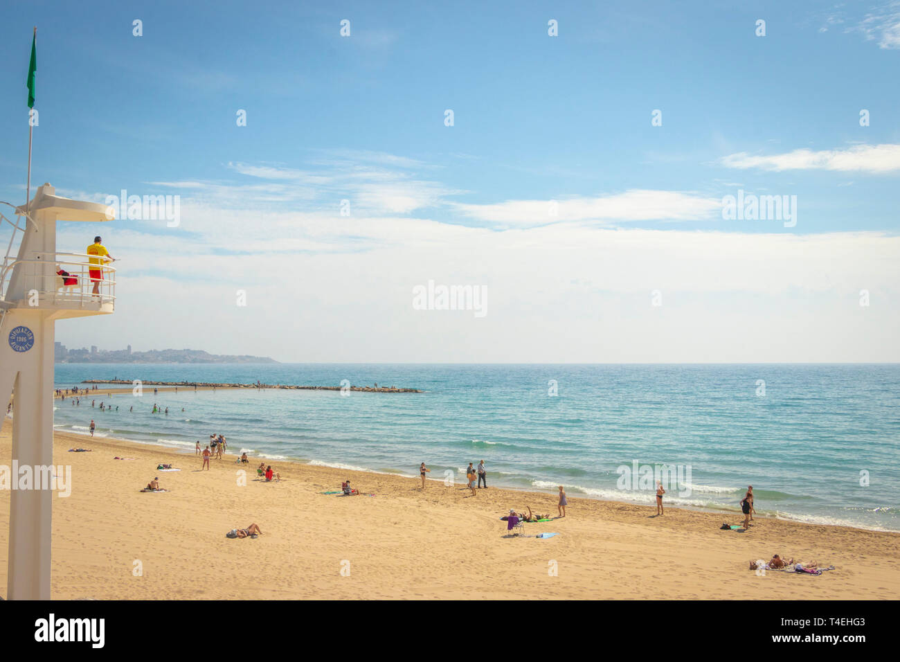 spanish lifeguard stands on lookout tower in front of El Postiguet ...