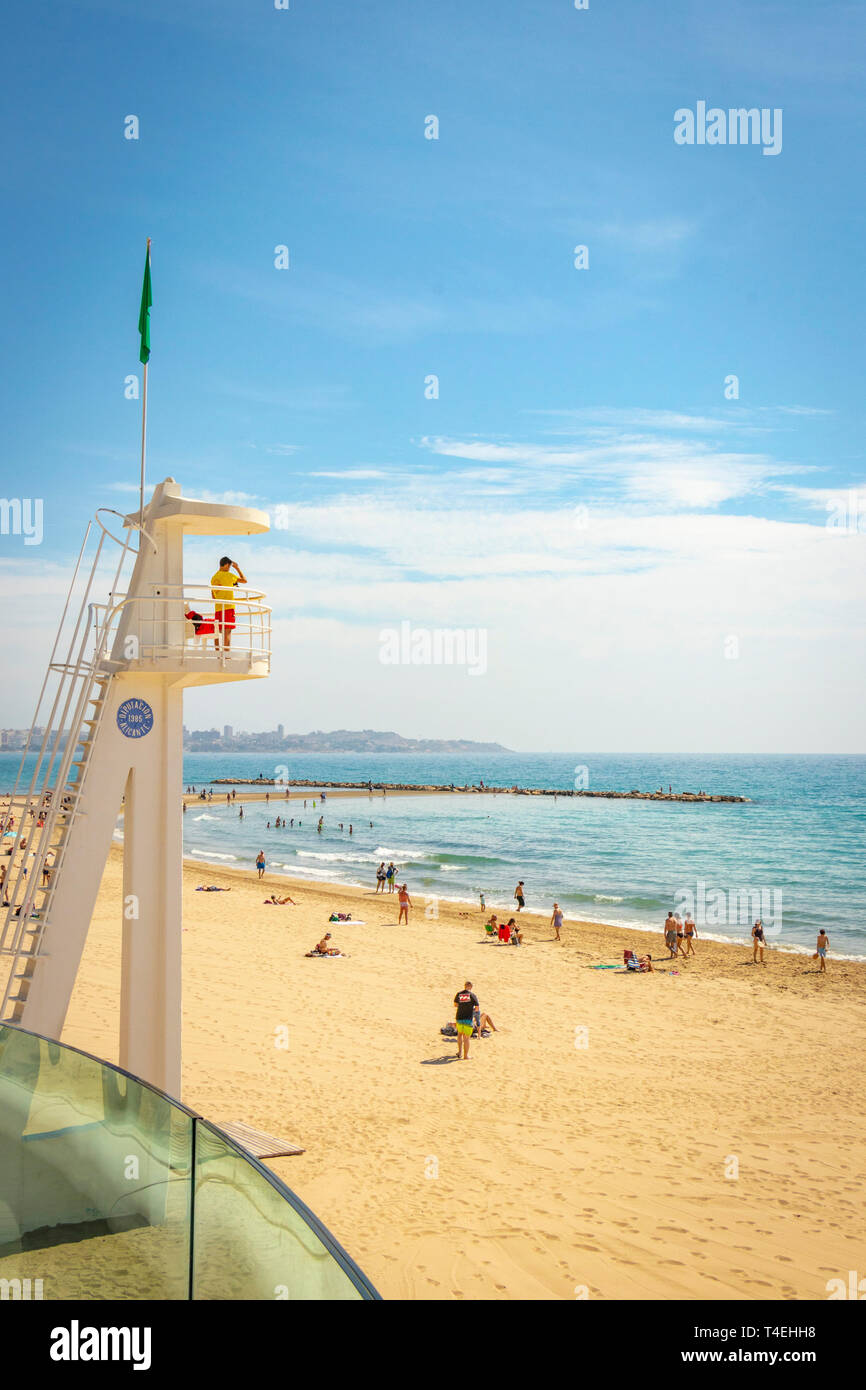spanish lifeguard stands on lookout tower in front of El Postiguet ...