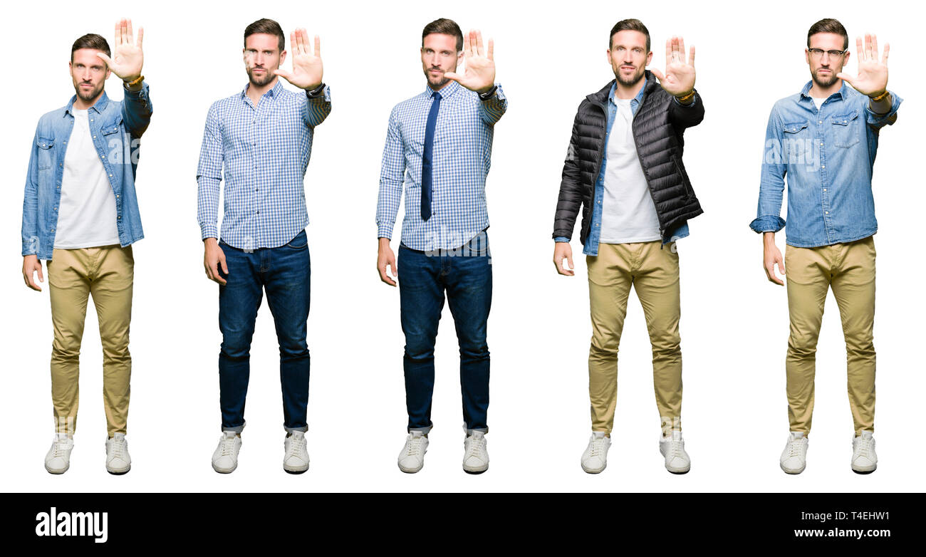 Collage of attractive young man over white isolated background doing ...