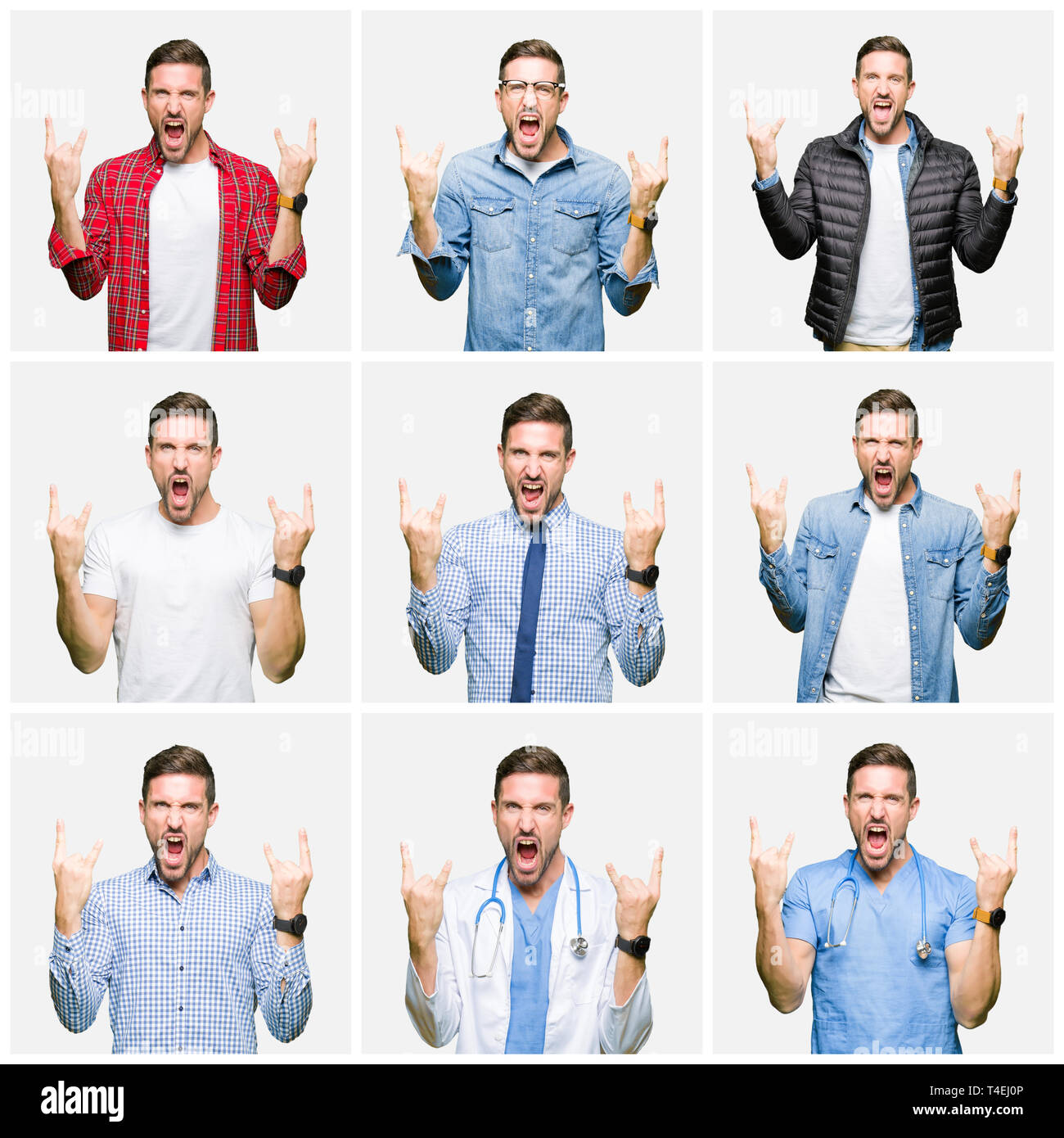Collage of attractive young man over white isolated background shouting ...