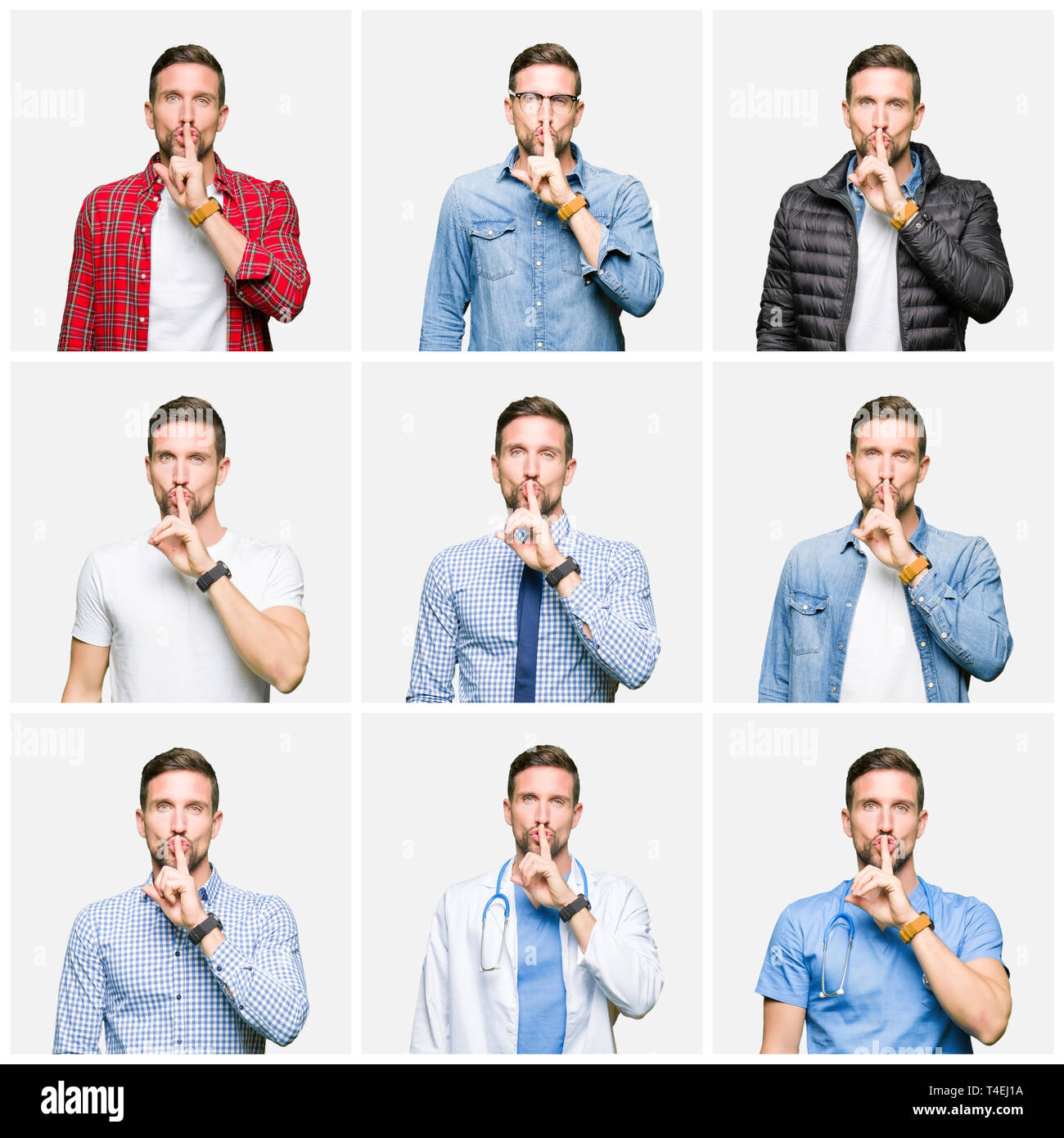 Collage of attractive young man over white isolated background asking ...