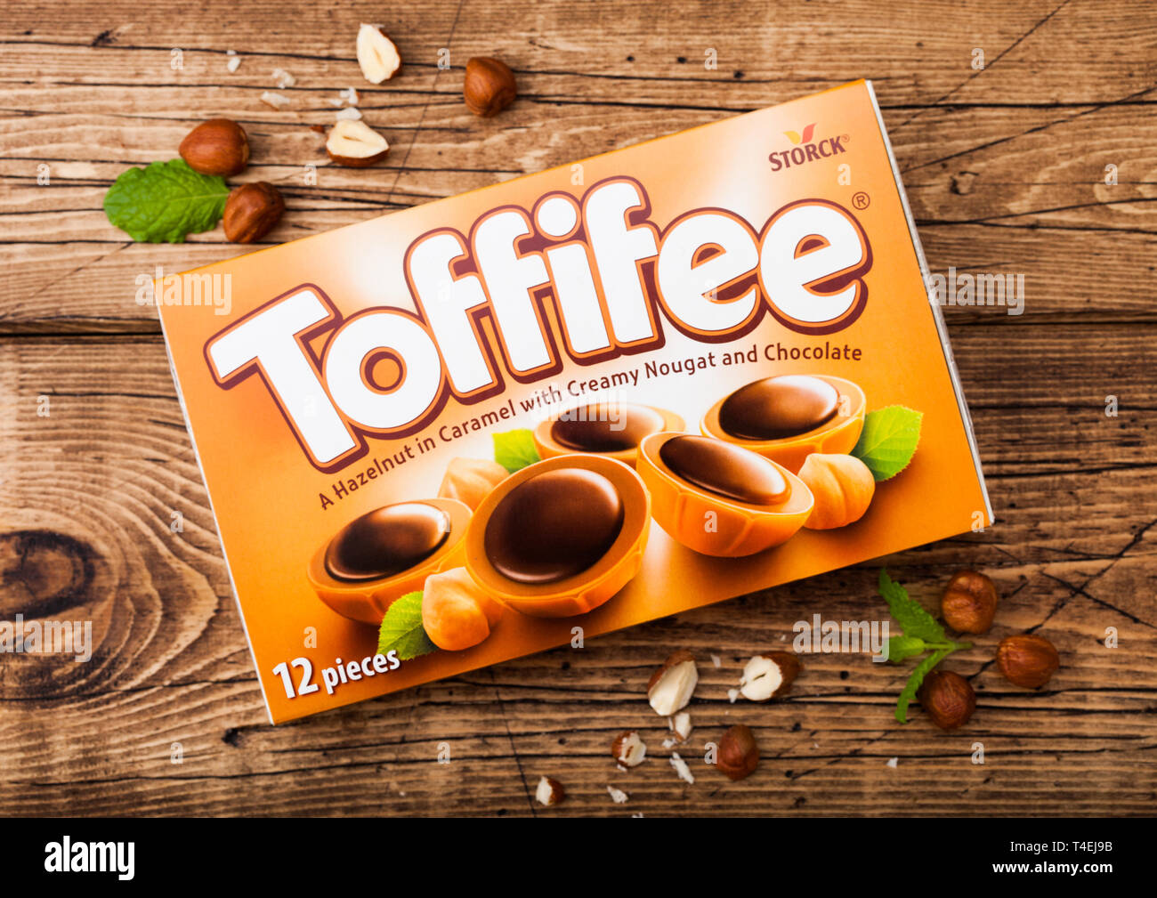 LONDON, UK - APRIL 15, 2019: Box of Toffifee candies on wood background ...