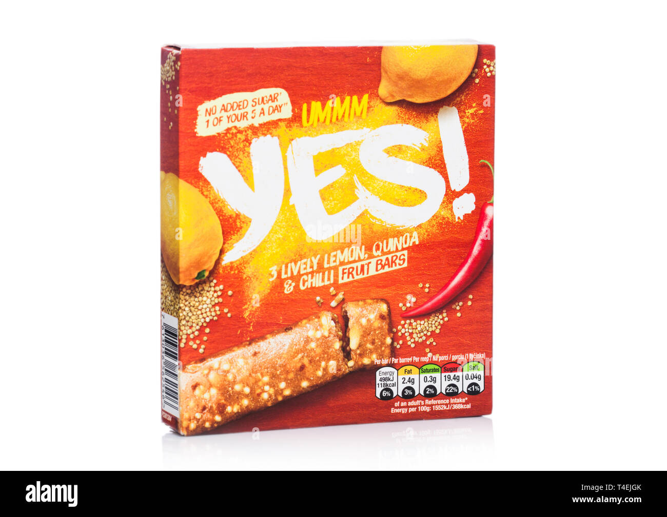 LONDON, UK - APRIL 15, 2019: Box of YES! fruit bars with lemon on white ...
