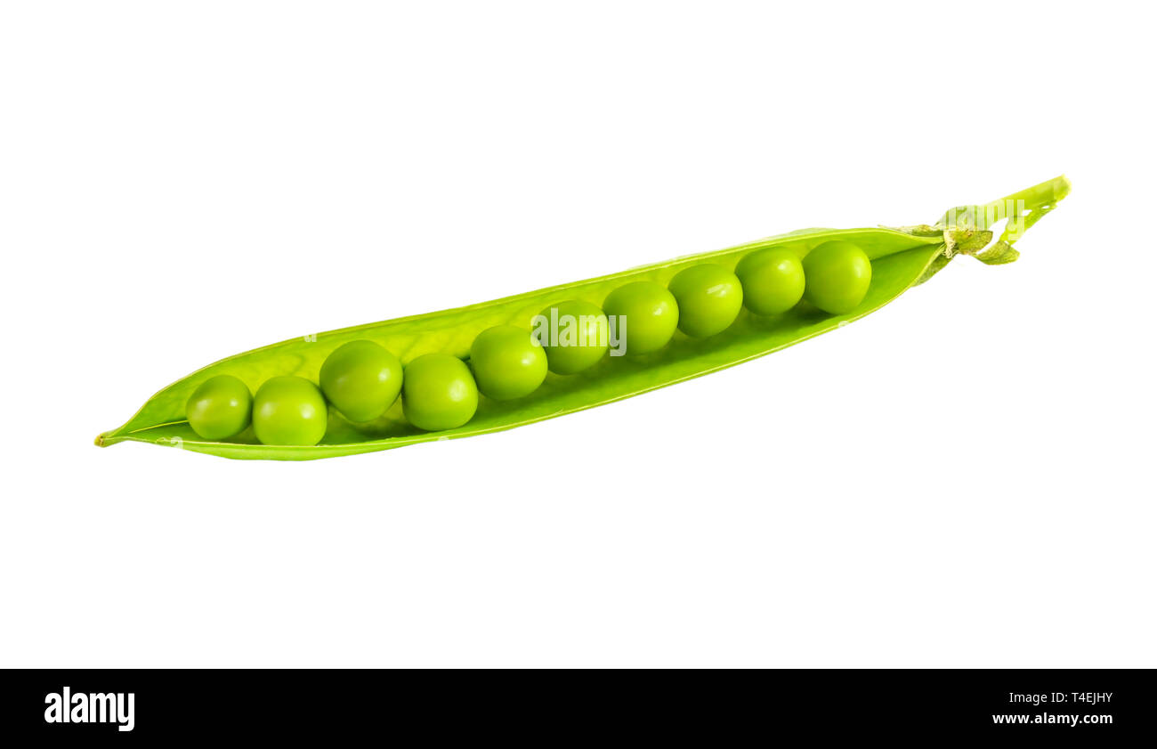 Opened pea pod green pea inside isolated on white Stock Photo - Alamy