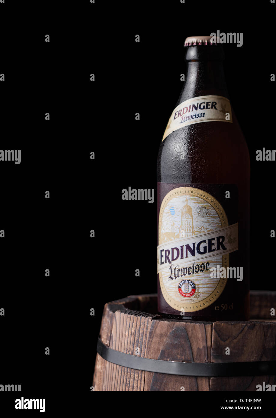 LONDON, UK - JULY 28, 2018: Bottle of Erdinger Urweisse beer on top of ...
