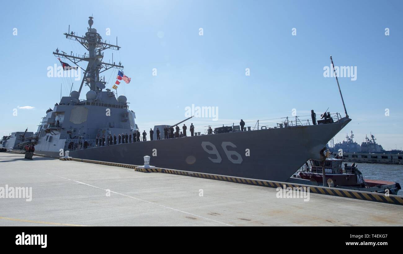 NORFOLK (April 1, 2019) Sailors assigned to the Arleigh Burke-class ...