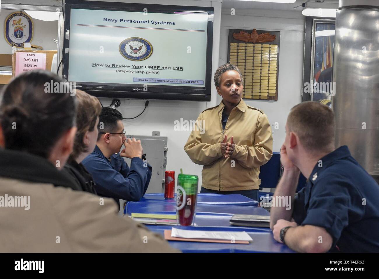 OCEAN (Apr. 2, 2019) Command Master Chief Larae Baker speaks to Sailors ...