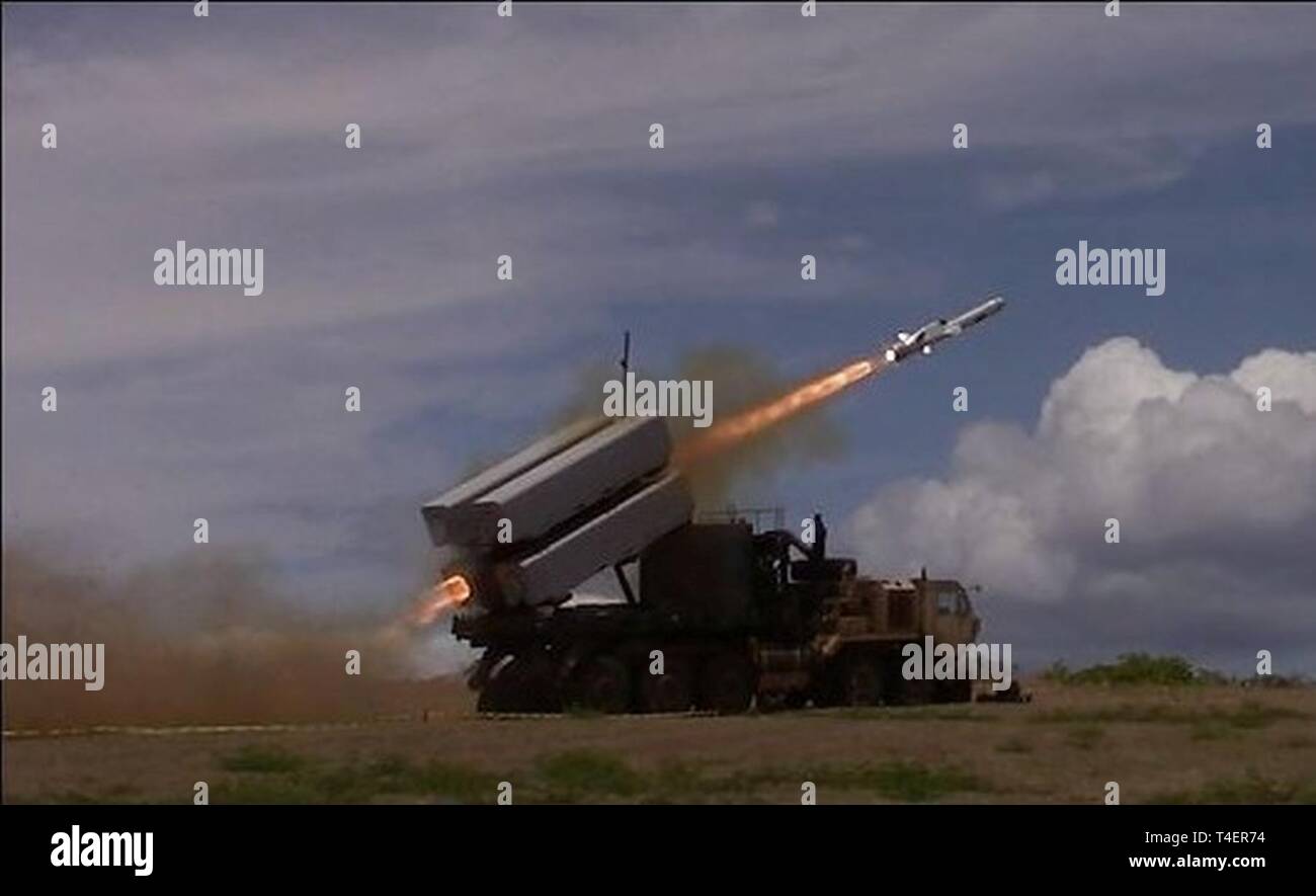 A missile is launched from a U.S. Army M1075 PLS truck during a test ...