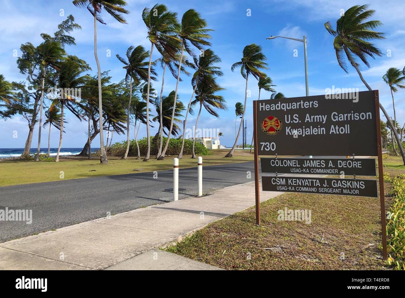 Entrance to Kwajalein Atoll military headquarters March 25, 2019. Kwajalein Atoll is part of the ...