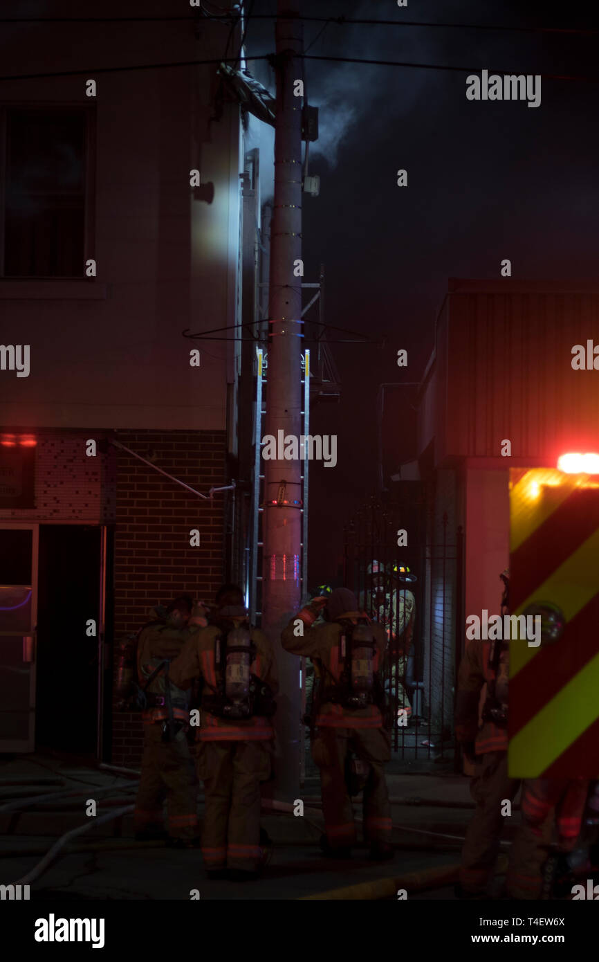 Ontario Canada April 13 2019: Fire department battling blaze. 911 fire ...