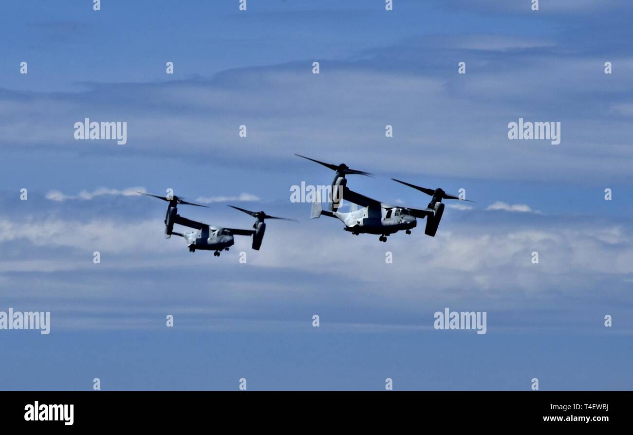 SOUTH CHINA SEA (April 3, 2019) Two MV-22 Ospreys, assigned to Marine Medium Tiltrotor Squadron ...