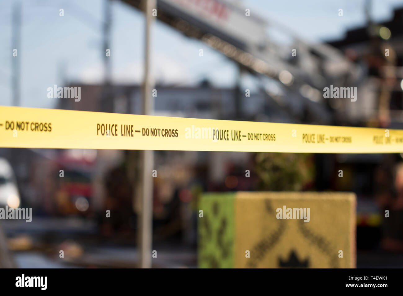 Caution tape at the scene of a fire. Emergency response. Police ...