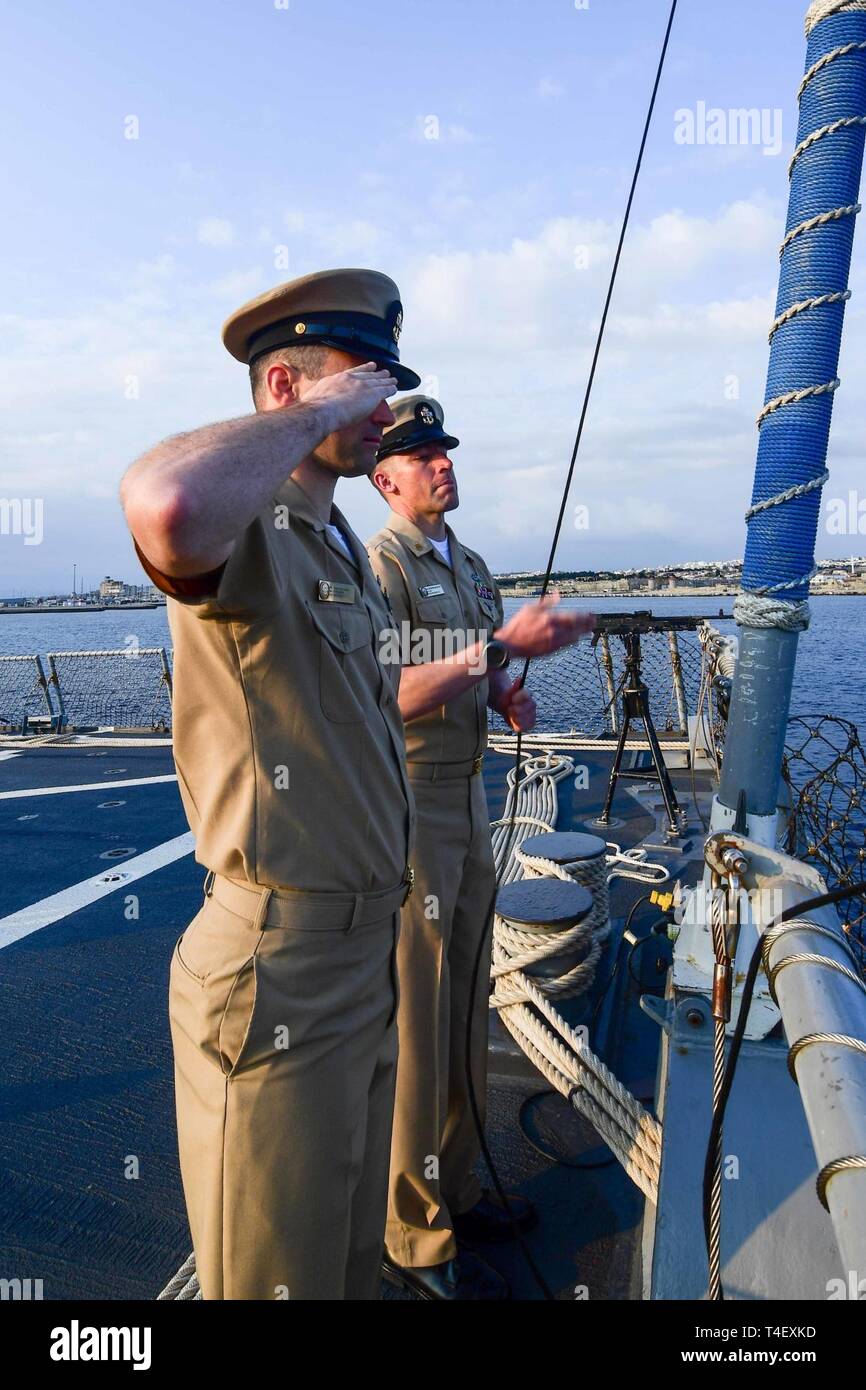 Greece (April 1, 2019) -Chief Electrician's Mate Paul Roberts salutes ...