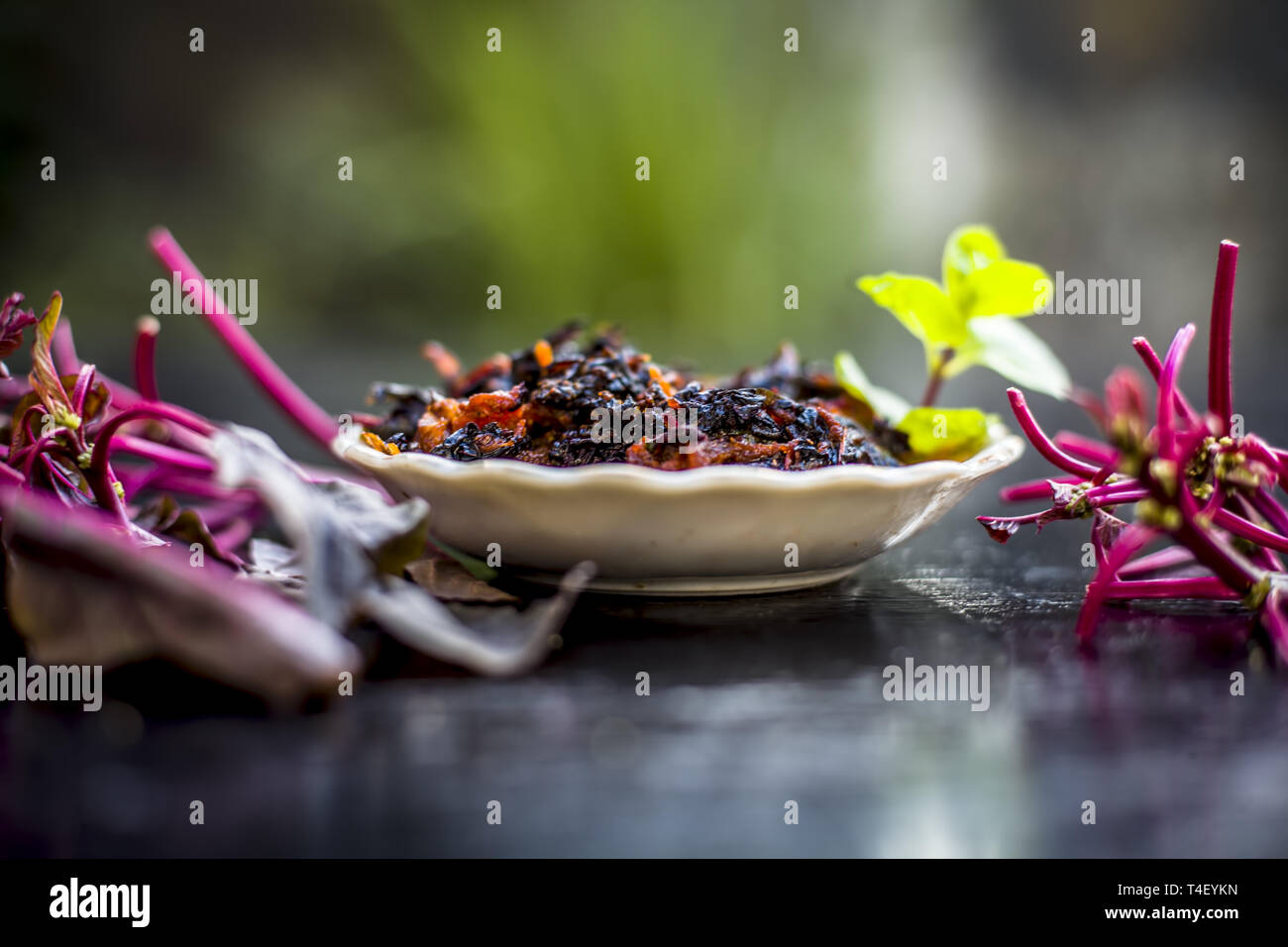 Close up of popular dish of amaranth leaves or chauli or chowli or ...