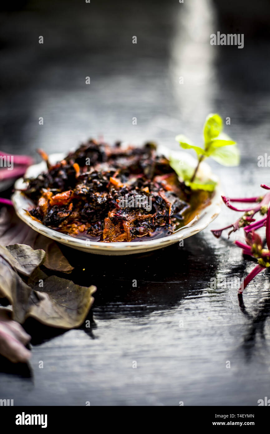Close up of popular dish of amaranth leaves or chauli or chowli or ...