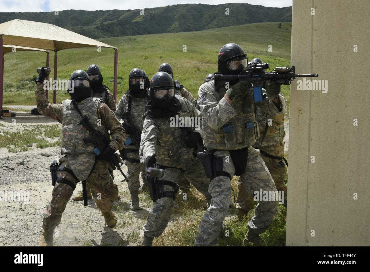 Members of the 114th Security Forces Squadron throw smoke grenades ...