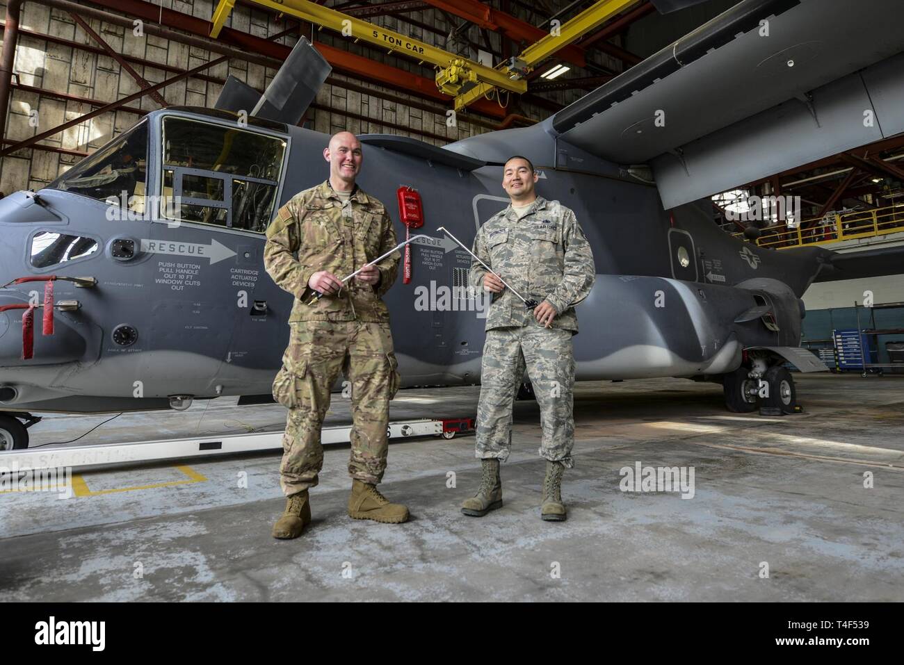 From left, Tech. Sgt. Derek Scott, 71st Aircraft Maintenance Unit CV-22 ...