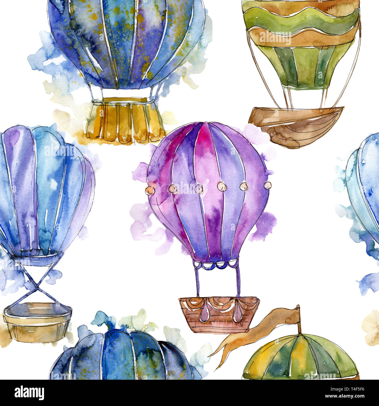 Hot air balloon background fly air transport. Watercolor background set ...