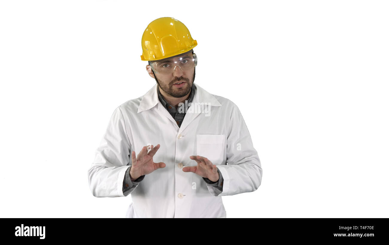 Confident Engineer Man Talking Camera on white background Stock Photo ...