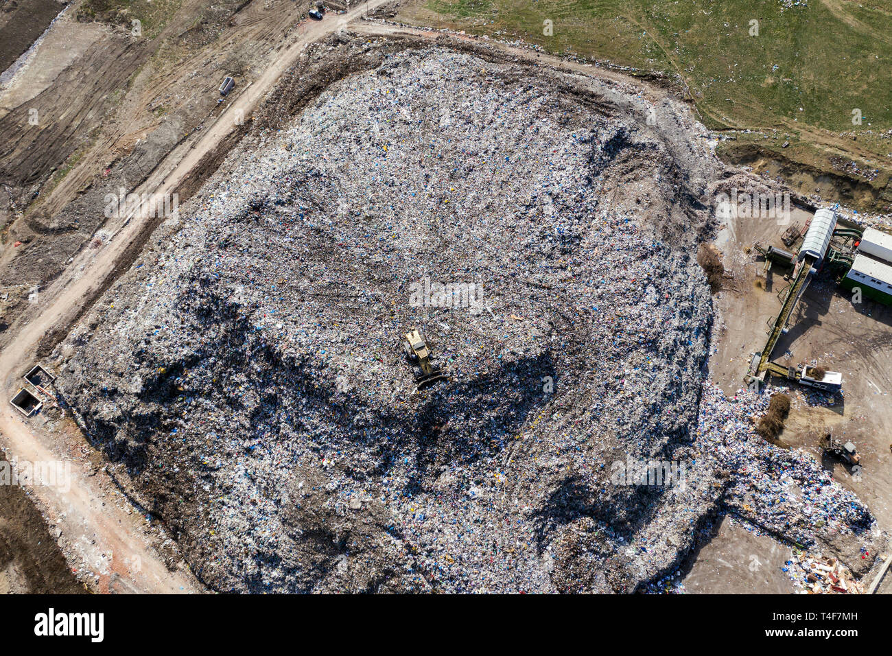 Aerial top drone view of large garbage pile, trash dump, landfill ...