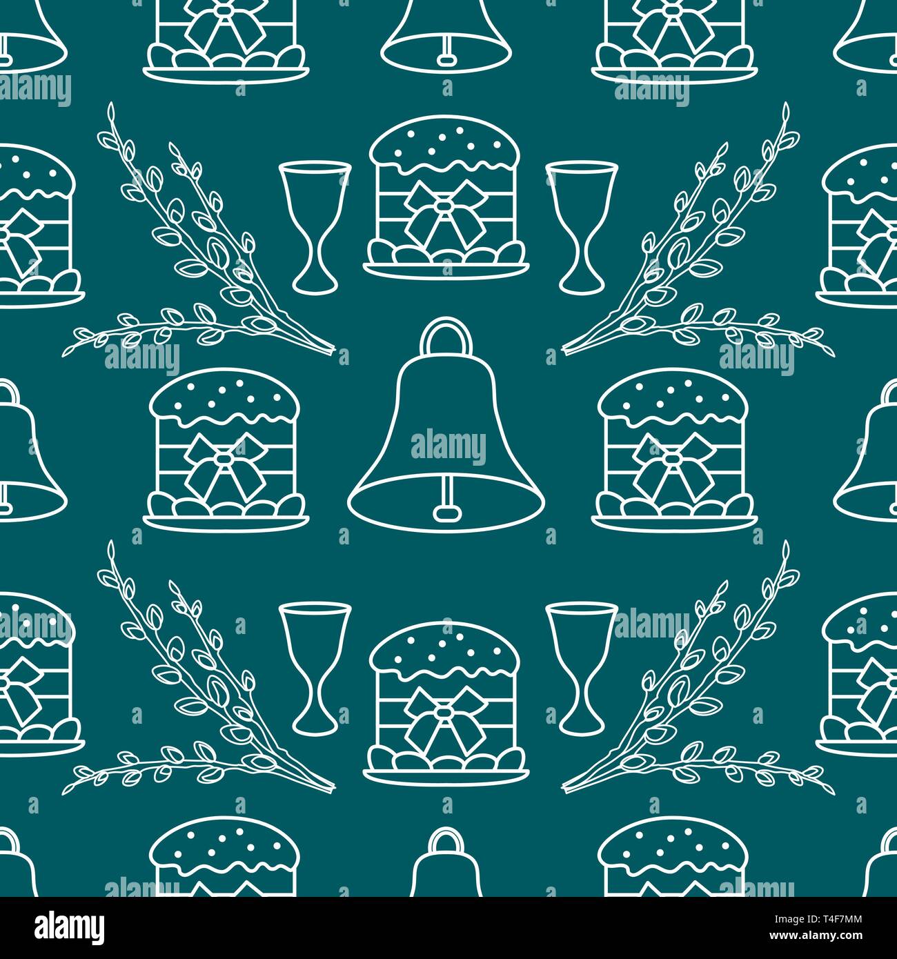 Seamless pattern with Easter cakes, willow branches, bells, wine ...