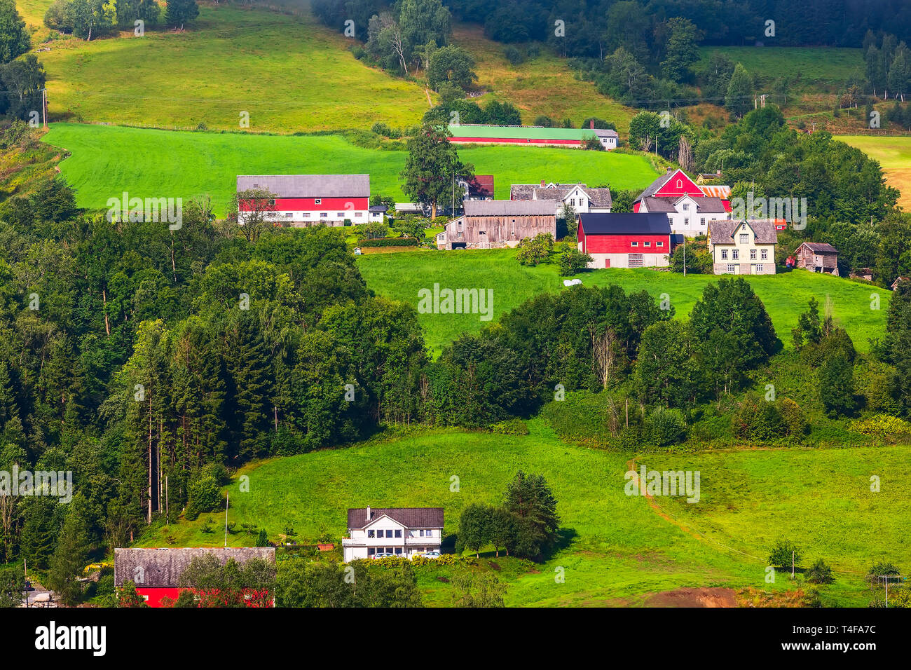 Norwegian fjord village landscape with mountains and colorful houses in ...