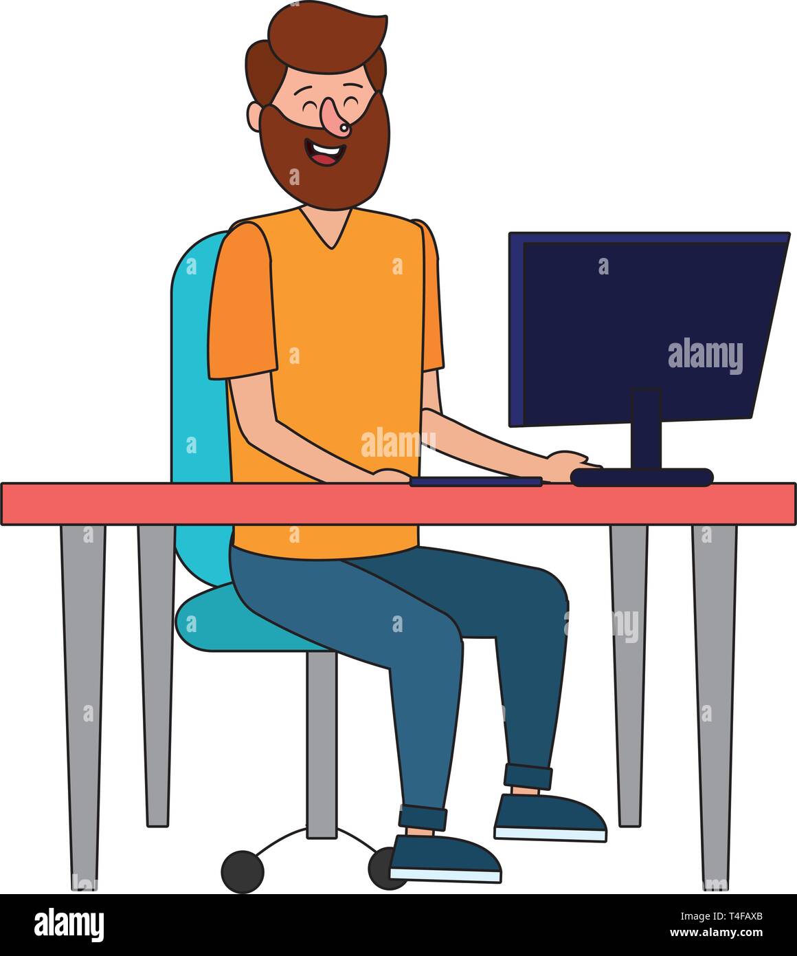 man using technology device computer over desk vector illustration ...