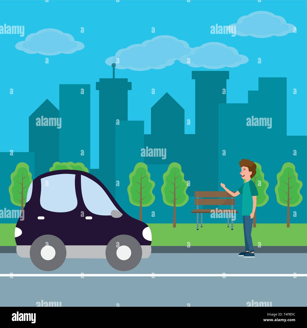 young man over street in front car and park bench cartoon vector ...