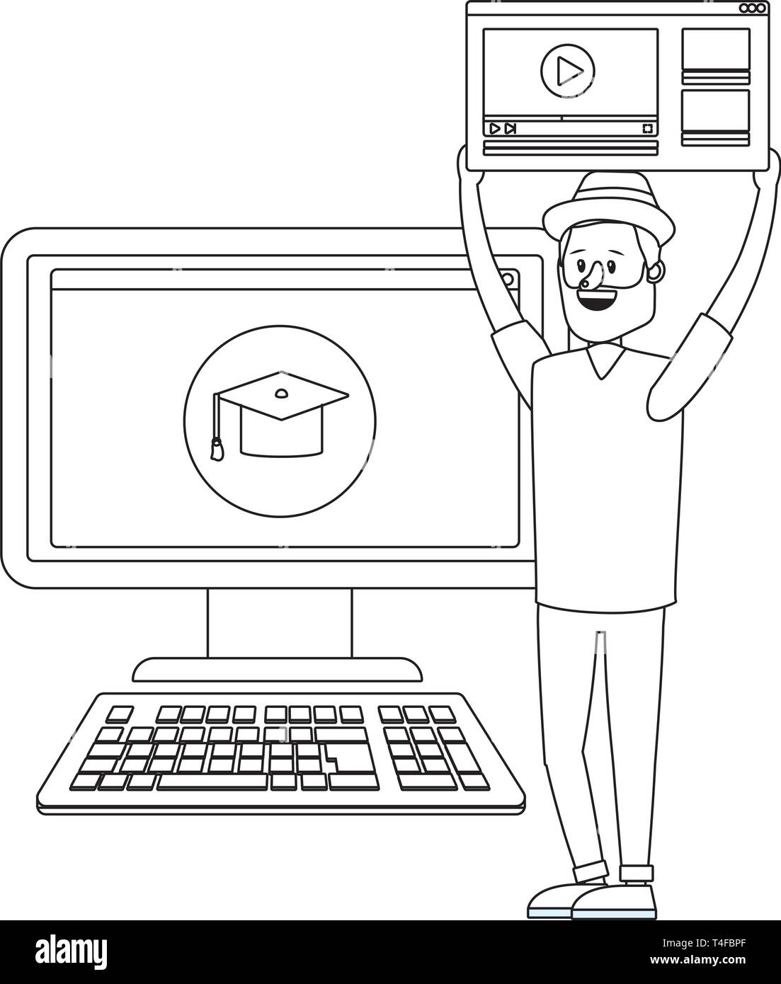 online education man studying with computer cartoon vector illustration ...